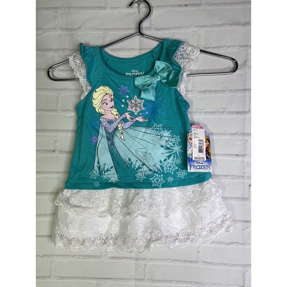Disney | Shirts & Tops | Disney Frozen Elsa Blue Green Bow Lace Trim ...